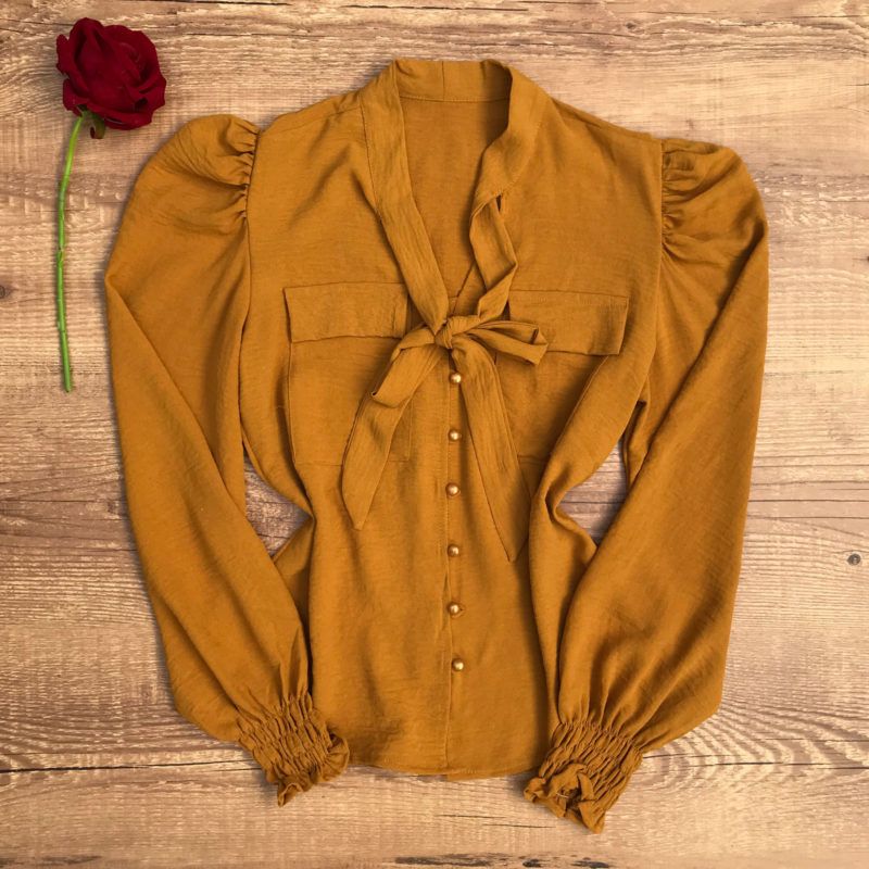 Camisa Manga Bufante LaÇo No PescoÇo Mostarda Dondoca Moda Feminina