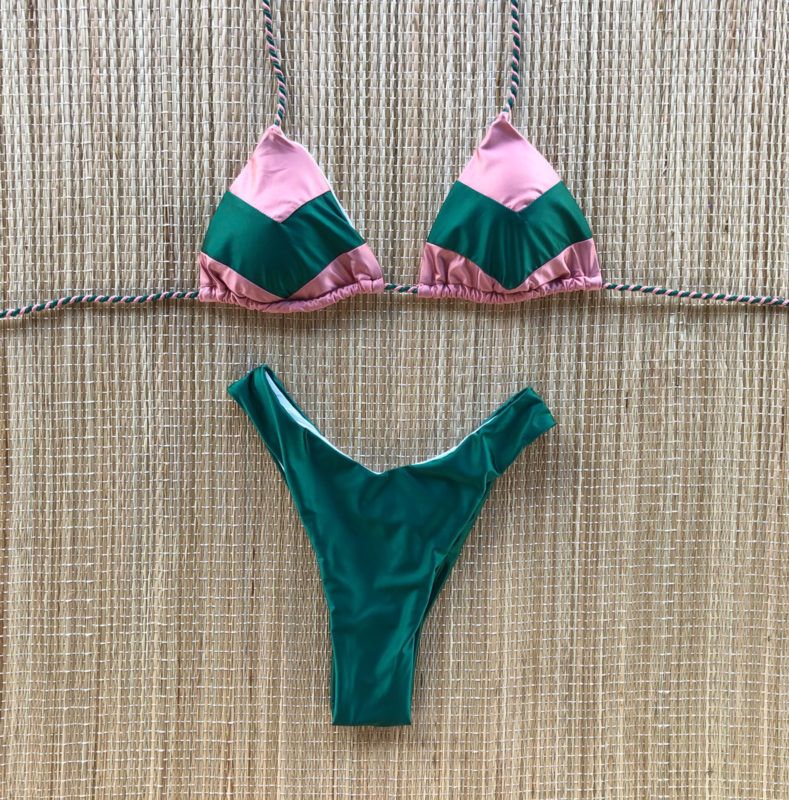 Biquini Bicolor Asa Delta Goiaba E Verde Dondoca Moda Feminina