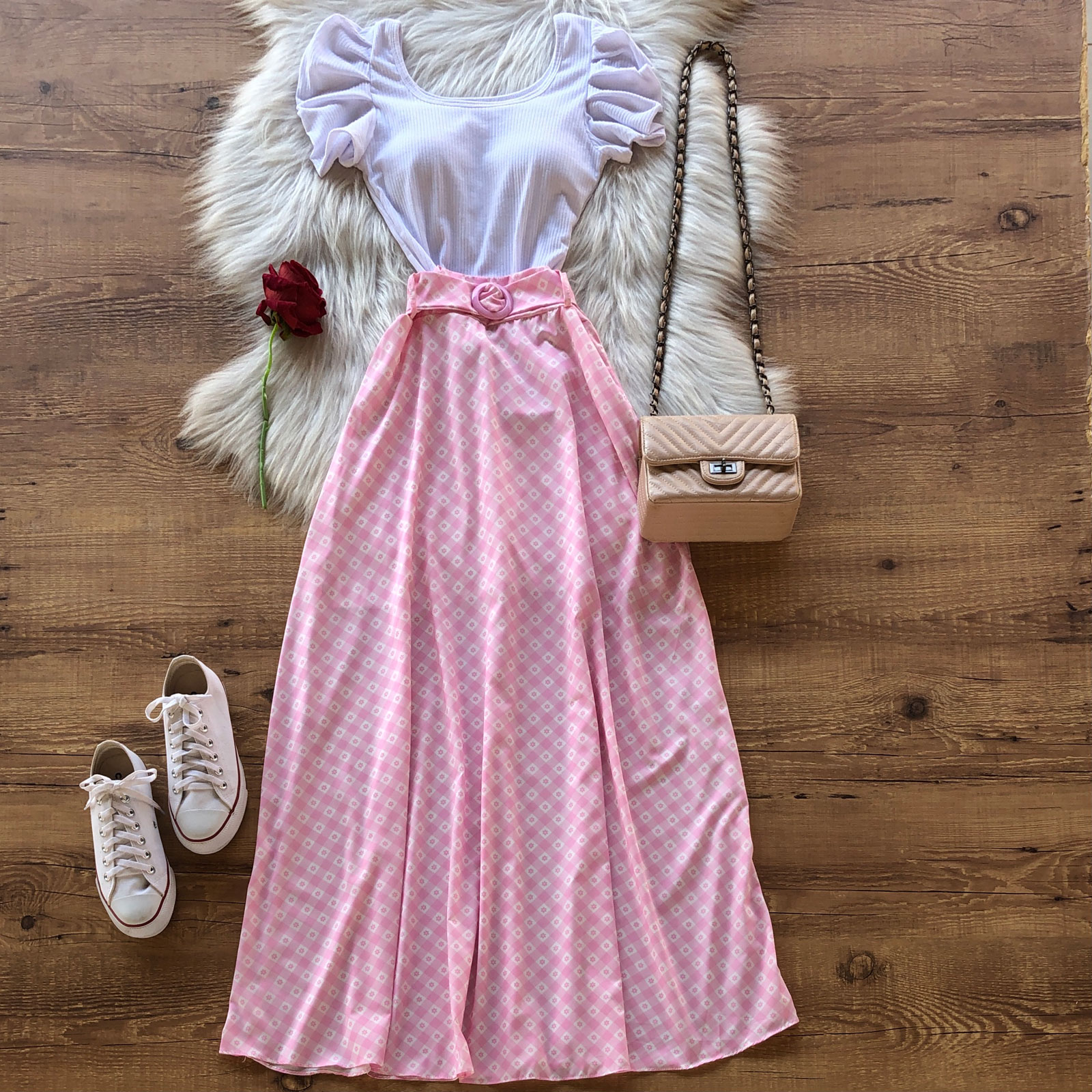 SAIA LONGA XADREZ COM CINTO ROSA Dondoca Moda Feminina