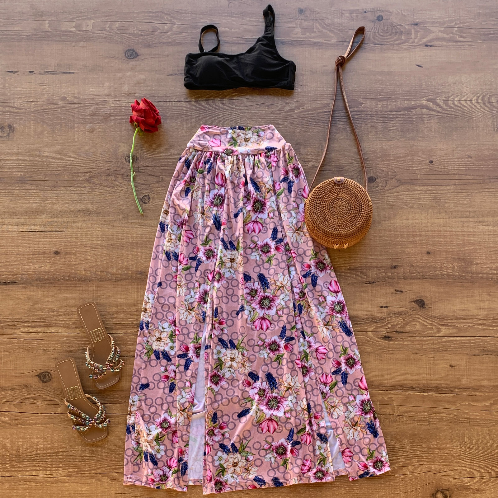 Saída de Praia Saia Longa Floral Rosa com Lavanda - Dondoca Moda ...