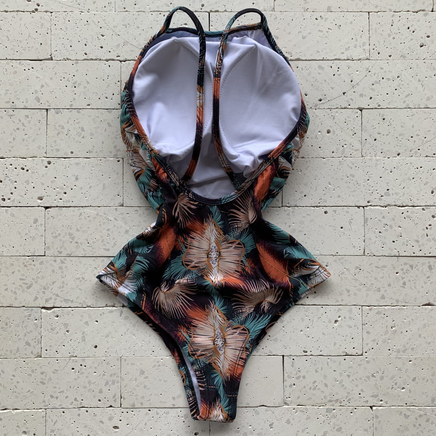 Body Maiô Com Bojo Costas Abertas Estampa Folhas Verde e Laranja ...
