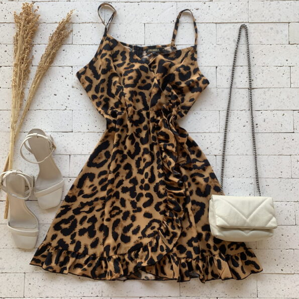 Vestido Animal Print Detalhe Babadinhos Caramelo Dondoca Moda Feminina
