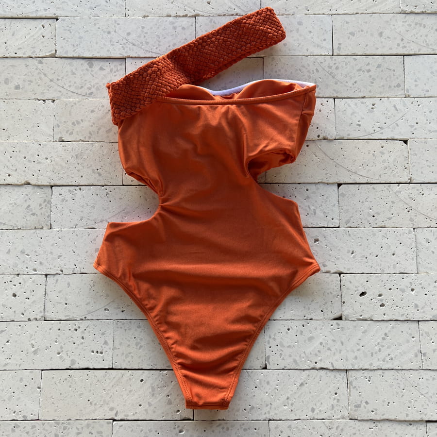 Body Maiô Um Ombro Só Abertura na Cintura - Terracota Dondoca Moda Feminina